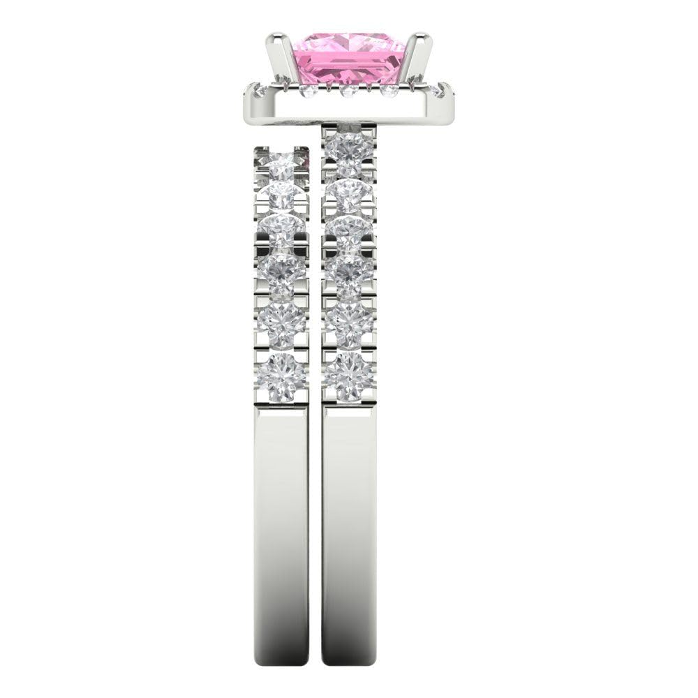 Clara Pucci 1.6ct Princess Cut Halo Solitaire Pink Simulated Diamond Engagement Promise Bridal Ring Band set 14k White Gold 9.5
