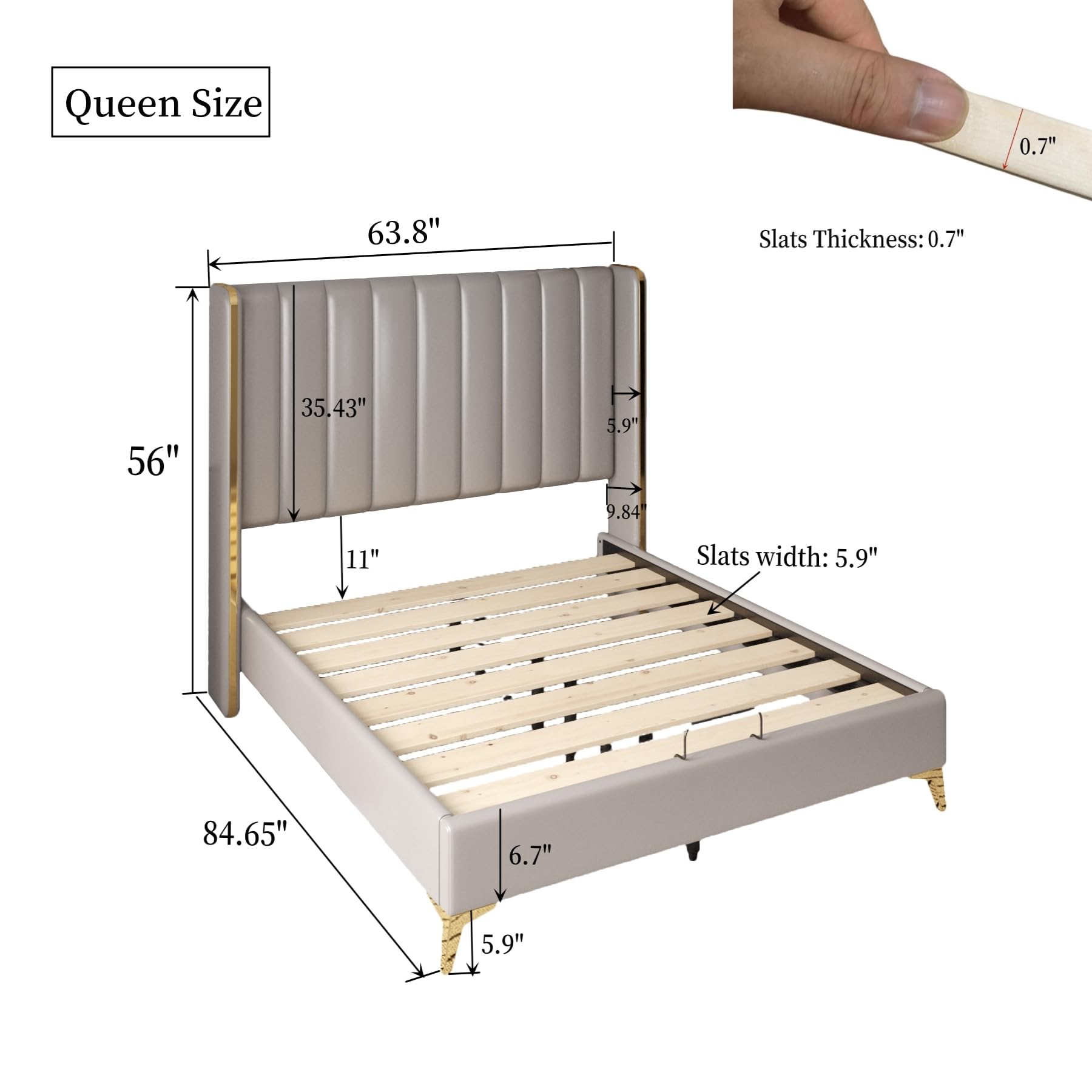 Channel Tufted Upholstered Platform Bed with Thickening Pinewooden Slats and Metal Leg, Queen Size Bed Frame with 56" Tall Headboard, Light Grey