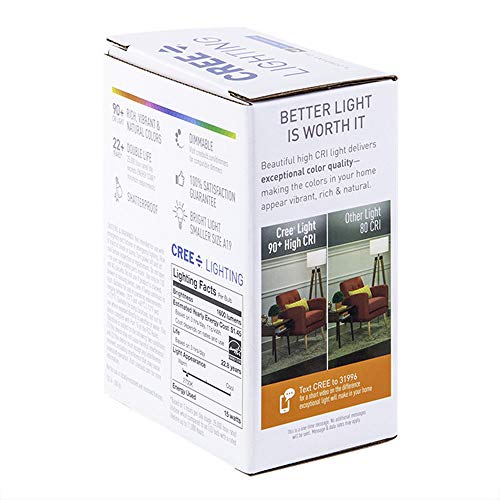 Cree Lighting A19 100W Equivalent LED Bulb, 1600 lumens, Dimmable, Soft White 2700K, 25,000 Hour Rated Life, 90+ CRI | 1-Pack