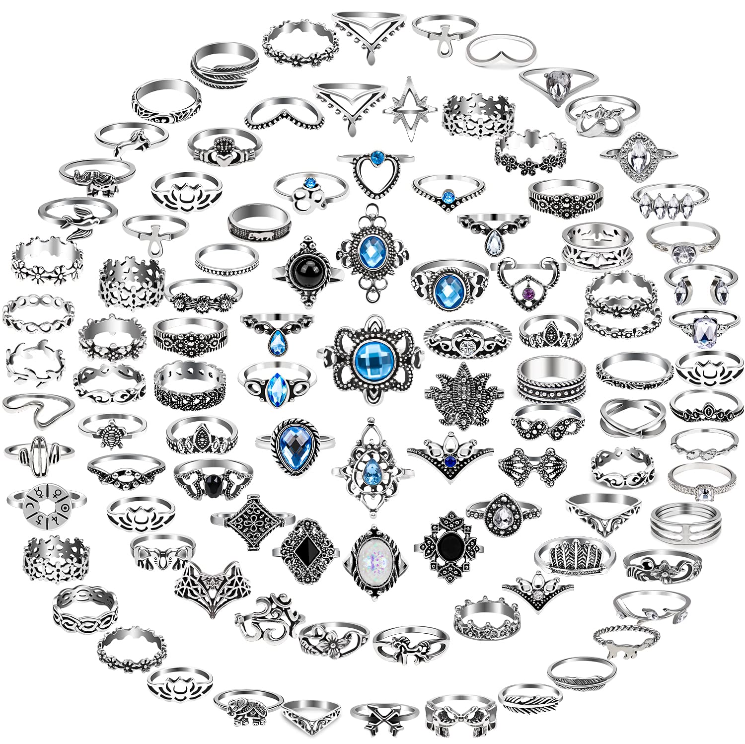 CLOYAN 99 Pcs Knuckle Rings for Women Cool Silver Rings Set Bohemian Goth Vintage Hippie Stackable Crystal Jewelry Accessories