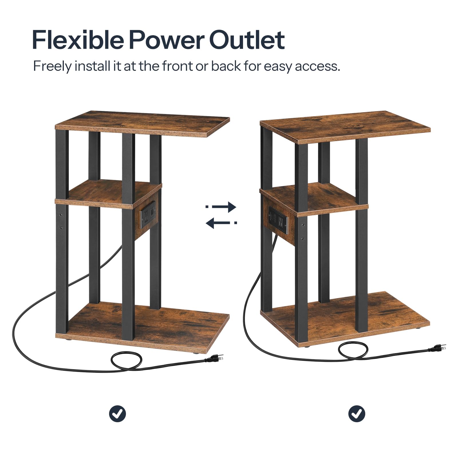HOOBRO C Shaped End Table Set of 2 with Charging Station, Side Table with 2 USB Ports and Outlets, TV Tray Table, Couch Table for Small Spaces, Living Room, Bedroom, Rustic Brown and Black BF62USFP201