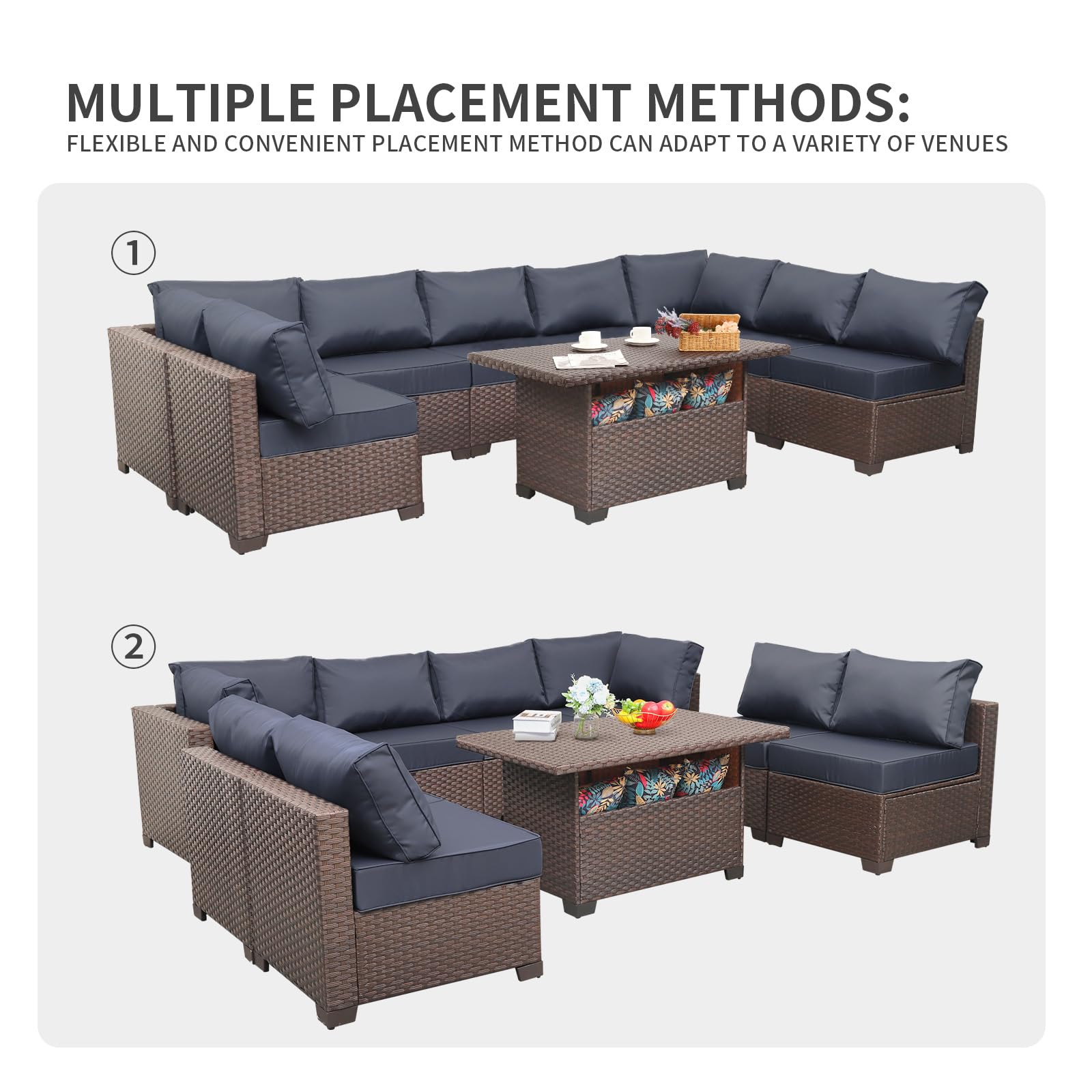 Valita 9-Piece Patio Rattan Furniture Set with Storage Table Outdoor Sectional Conversation Couch Brown PE Wicker Sofa with Washable Navy Blue Cushions