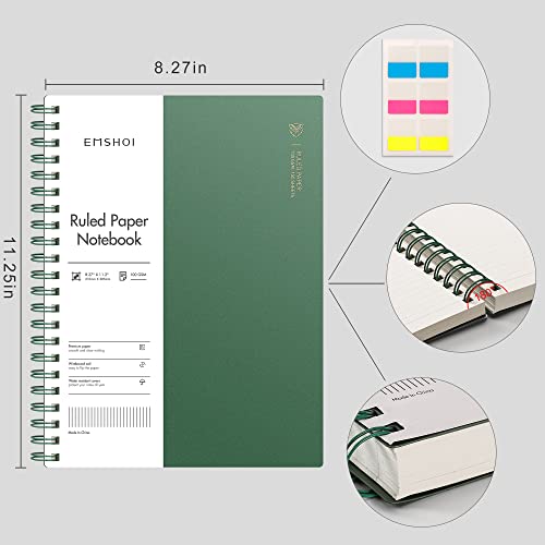 EMSHOI A4 Spiral Notebook College Ruled Lined Journal, 11.2" X 8.27", 300 Pages/150 Sheets, Easy Tear Perforated Pages, 100gsm Thick Paper, Waterproof Softcover, for School Work Writing-Green