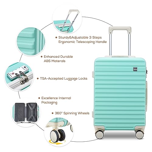 imiomo Carry On Luggage 20 Inch airline approved Hardside 3PCS Set Lightweight Rolling Travel Luggagewith TSA Lock, Suitcase with Spinner Wheels (GREEN+beige, Carry-On 20-Inch)