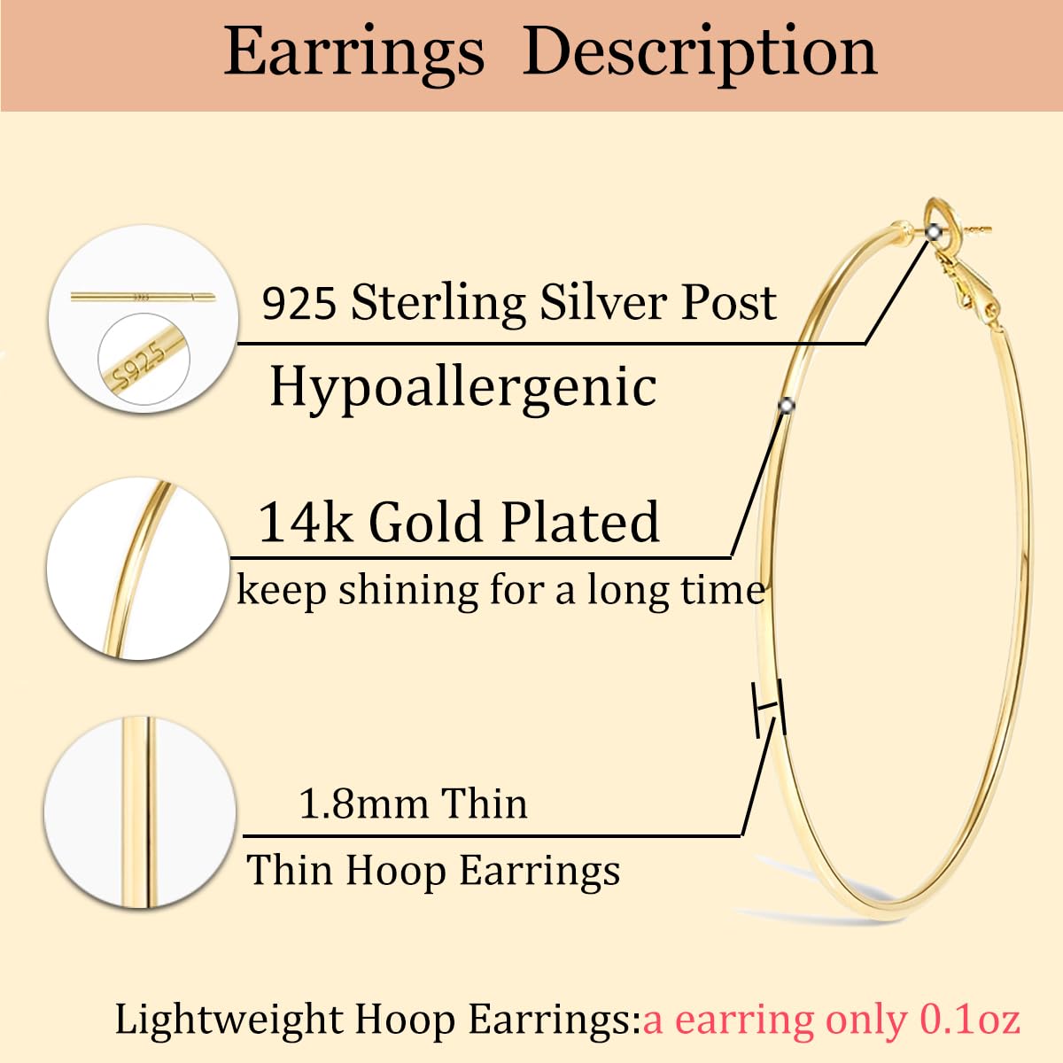 Cocadant 6 Pairs Big 14K Gold Hoop Earrings for Women Set,925 Sterling Silver Post Hypoallergenic Dainty Large Thin Silver 50/60/70mm Hoops