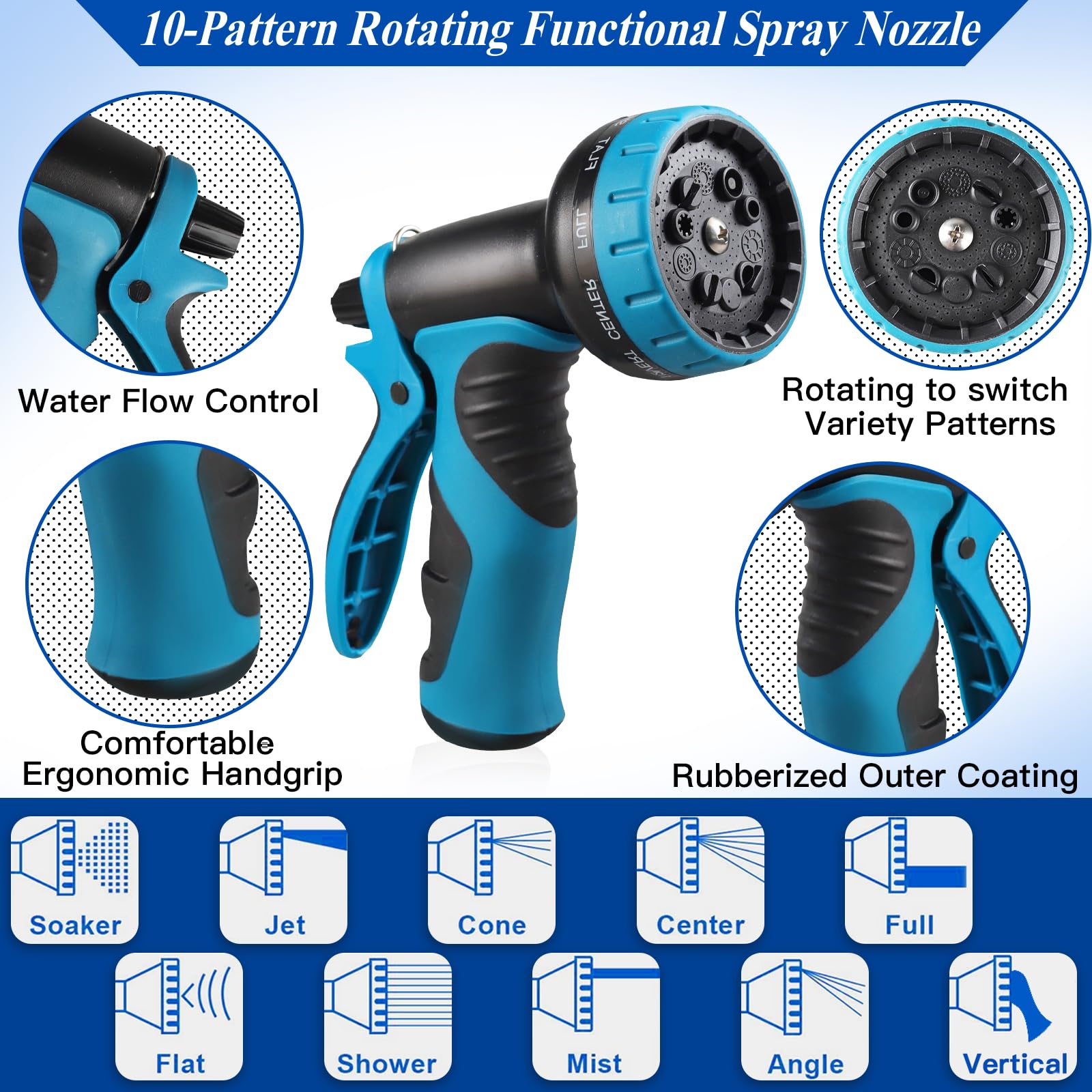 Garden Hose 100FT, Flexible Expanding Water Hose with 10 Function Nozzle, No Kink Lightweight Flexible Garden Water Hose with Solid Fittings for Watering Washing (BLUE)