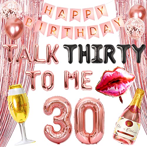 LaVenty 26 PCS Rose Gold Talk 30 to Me Balloons Talk 30 to Me Birthday Decoration Talk Thirty To Me Backdrop Talk Thirty To Me Banner 30th Birthday Decoration for Her Dirty 30 Birthday Decoration