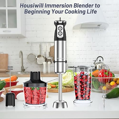 Immersion Blender 800W, 5 in 1 Hand Blender, 24 Speed and Turbo Mode Immersion Blender Handheld, Stick Blender Stainless Steel Blade with Mixing Beaker, Chopper, Whisk and Milk Frother
