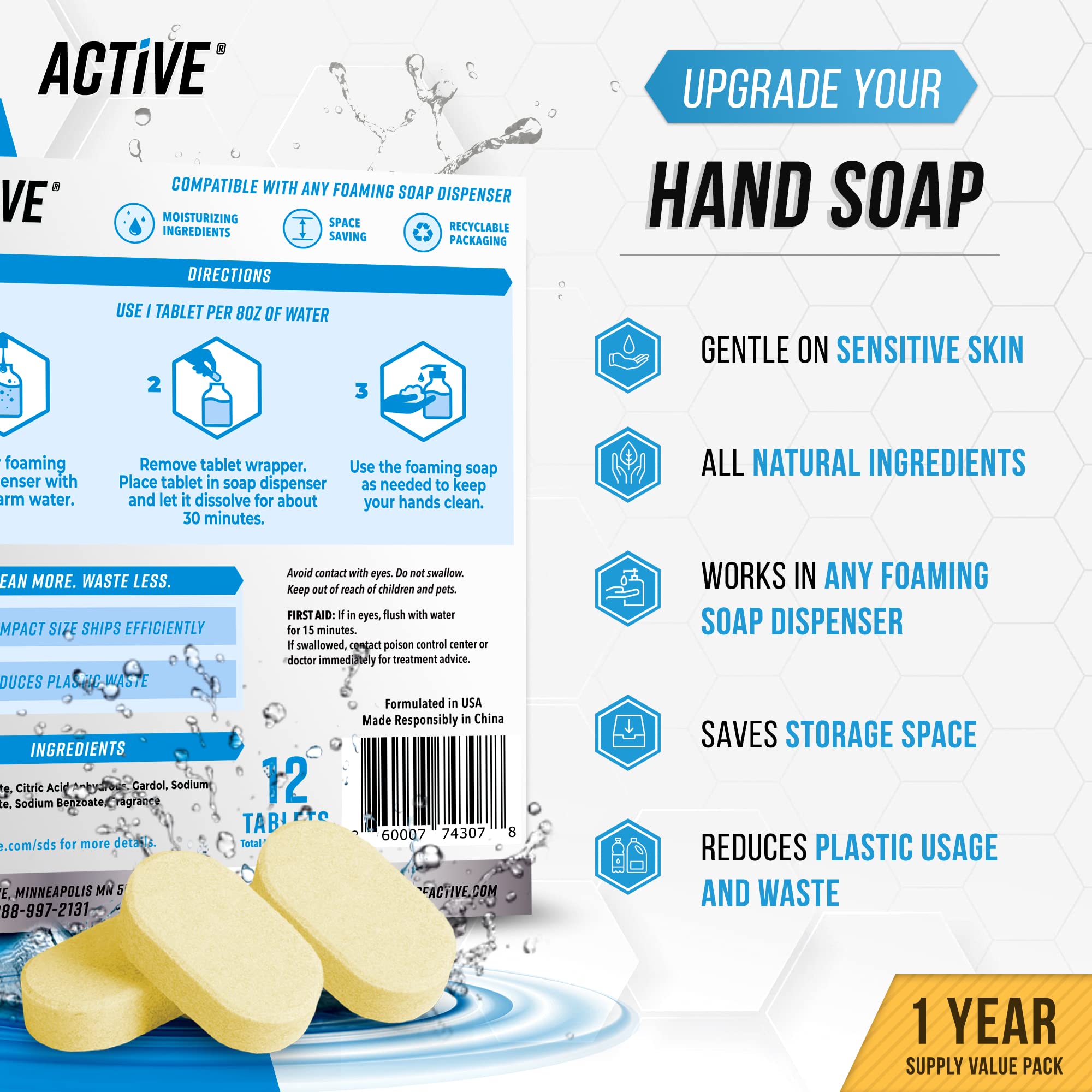 Foaming Hand Soap Tablet Refill - 12 Pack Eco Friendly Hand Wash Tablets, Zero Waste Handwash Concentrate - Equivalent To 96 Fl Oz Liquid (Fills 12 X 8 fl oz Refillable Foam Dispenser) - Lemon Scent