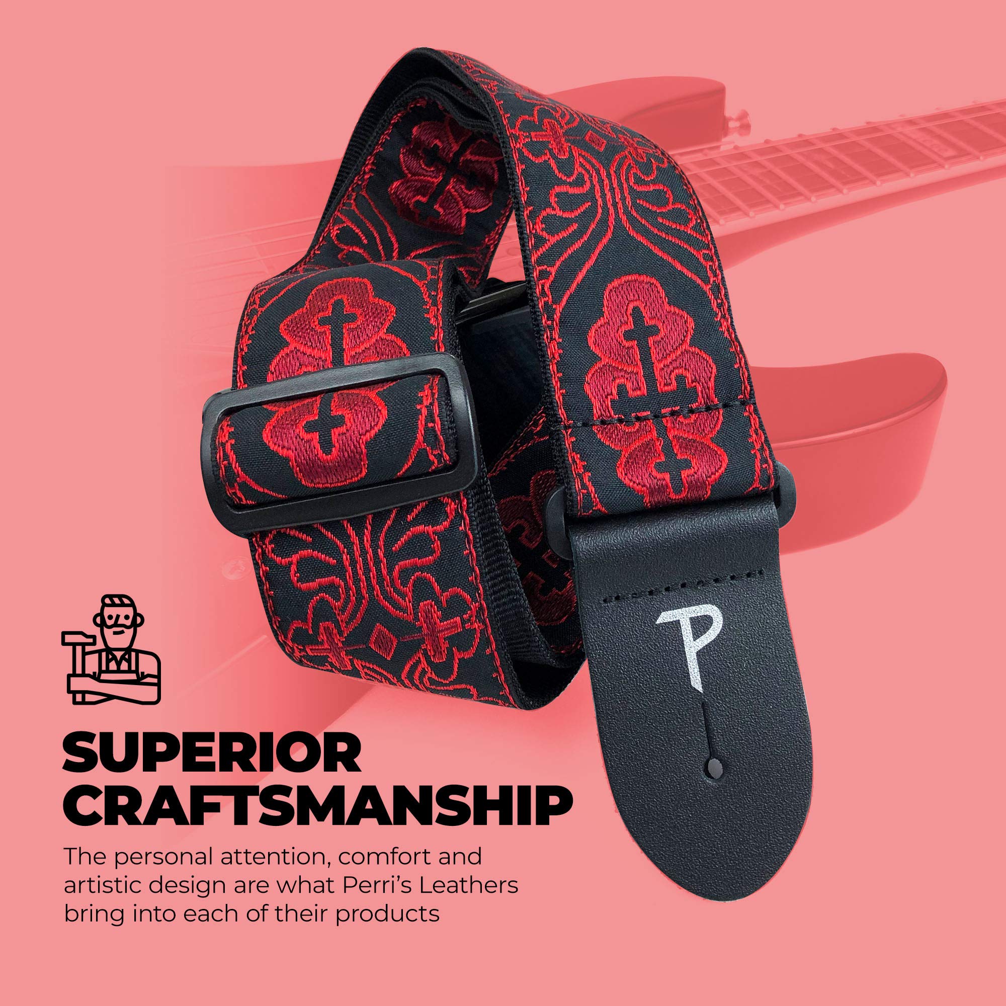 Perris Leather Guitar Strap - Red Crosses Jacquard Ribbon Guitar Strap, with Leather Ends - Electric/Acoustic/Bass Guitar Strap - Adjustable Strap From 39″ to 58″ - Red/Black (TWS-7071)
