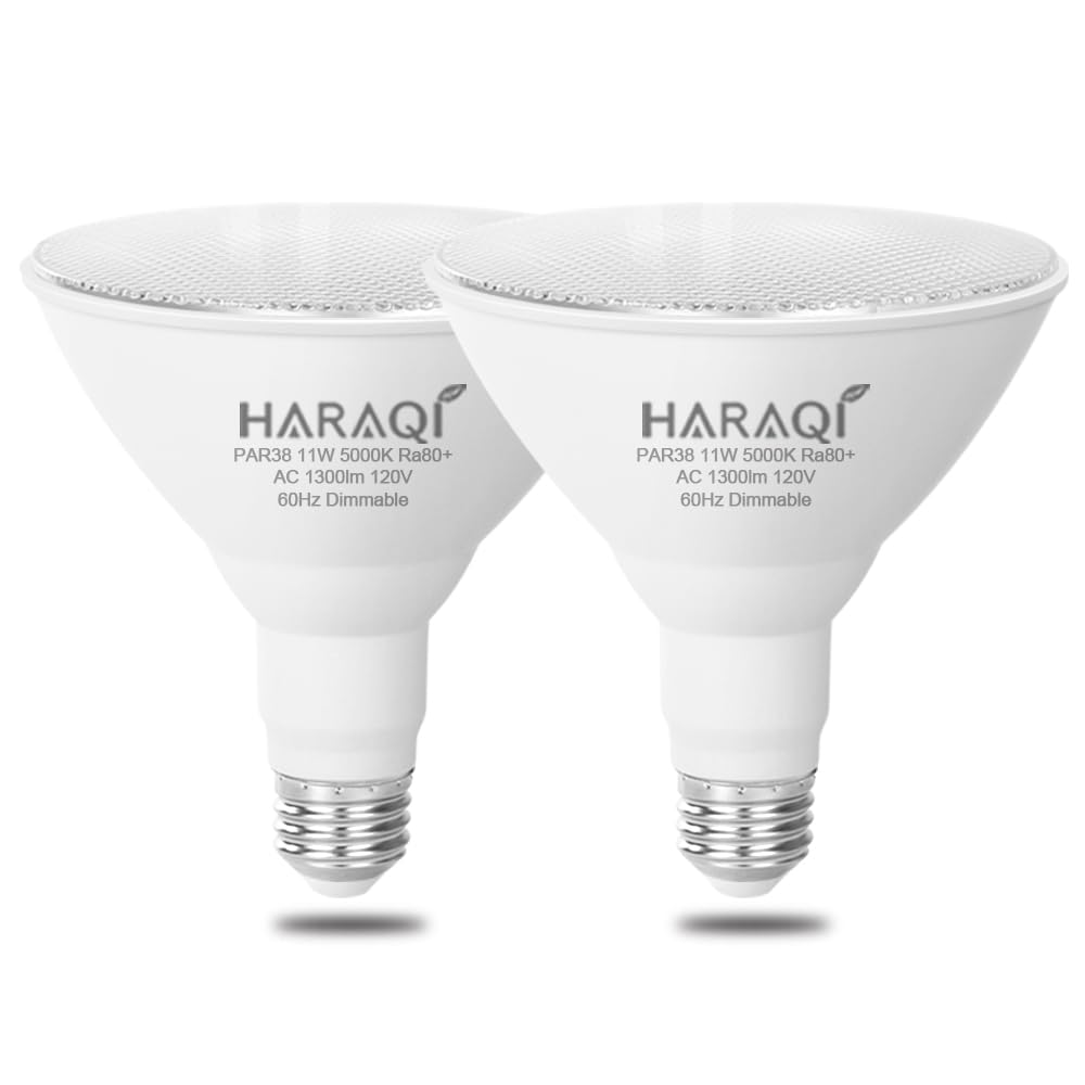 haraqi 2 Pack 120V E26 Base PAR38 11W LED Flood Dimmable Light Bulb, 1300LM 5000K Daylight White Light, 100W Equivalent Reflector Flood Replacement Light Bulbs