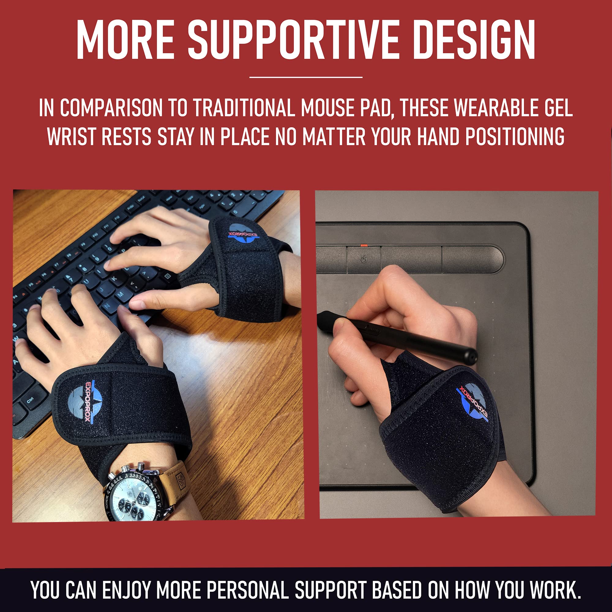 EXPOPROX-Wearable Wrist Rest Pads, 2 Pc. Set, Ergonomic Mouse and Keyboard Support Cushions to Reduce Joint Stress, Tension, and Carpal Tunnel Pain, Adjustable Fit with Padded Comfort
