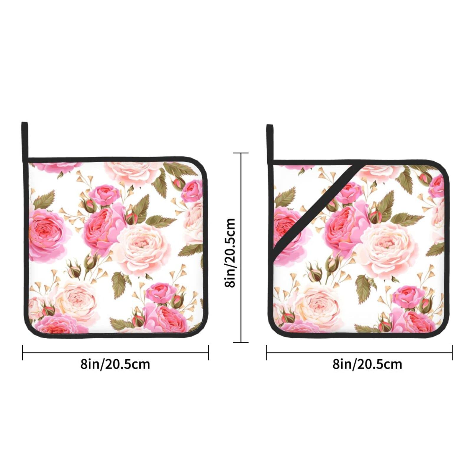 Floral Flower Rose Pink Print Pot Holders Sets,Kitchen Oven Glove High Heat Resistant 500 Degree Oven Mitts and Pot Holder,Surface Safe for Baking, Cooking, BBQ,Pack of 2