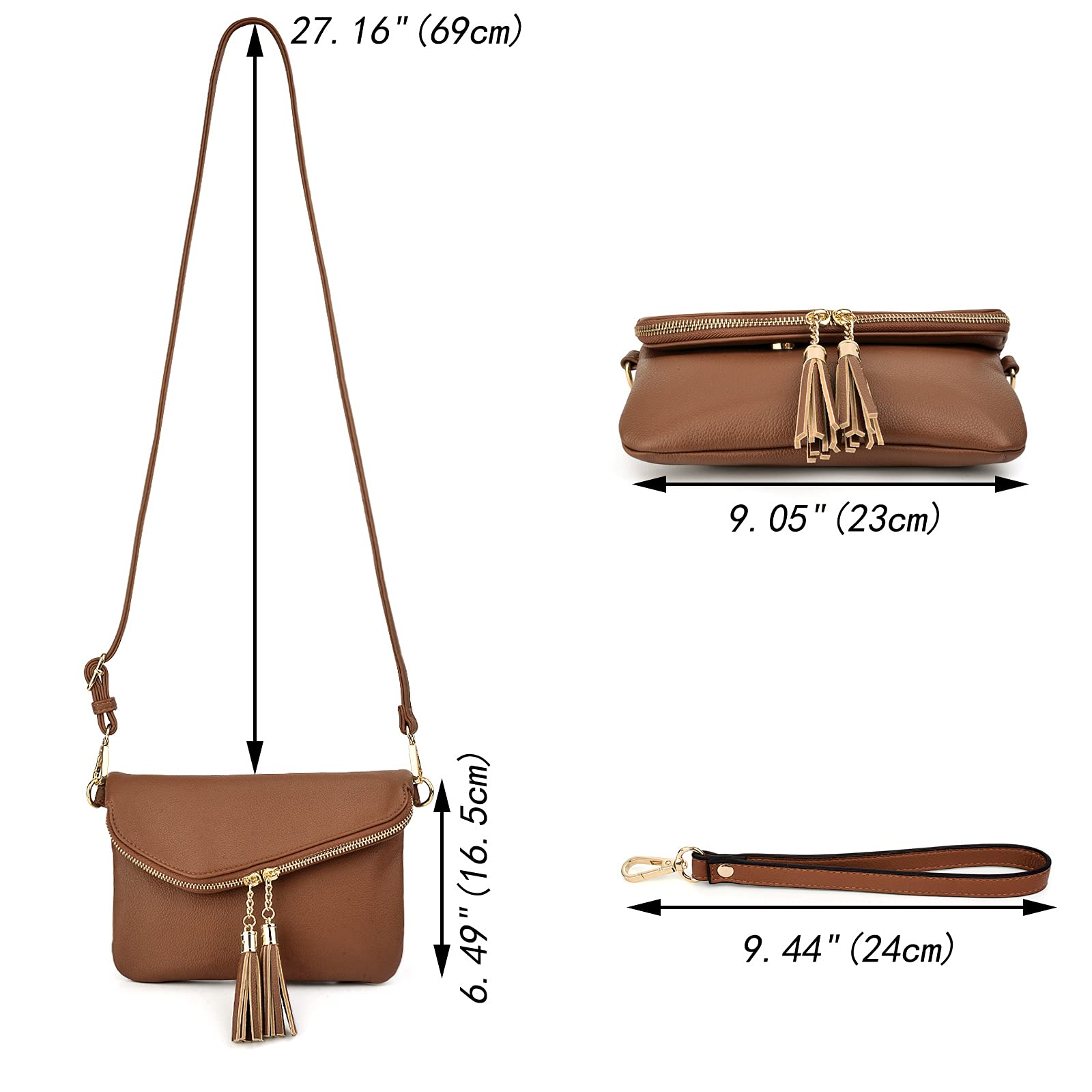 UTO Envelope Wristlet Clutch Crossbody Bag for Women Double Tassel Cellphone Trendy Purse with Strap and Zip Pocket Light Pink