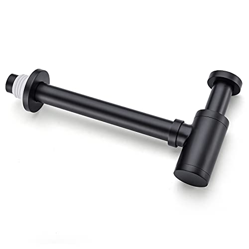 HANEBATH Brass Round Bottle P-Trap 1 1/4, Adjustable Bathroom Basin Sink Waste Trap Drain Kit, Matte Black