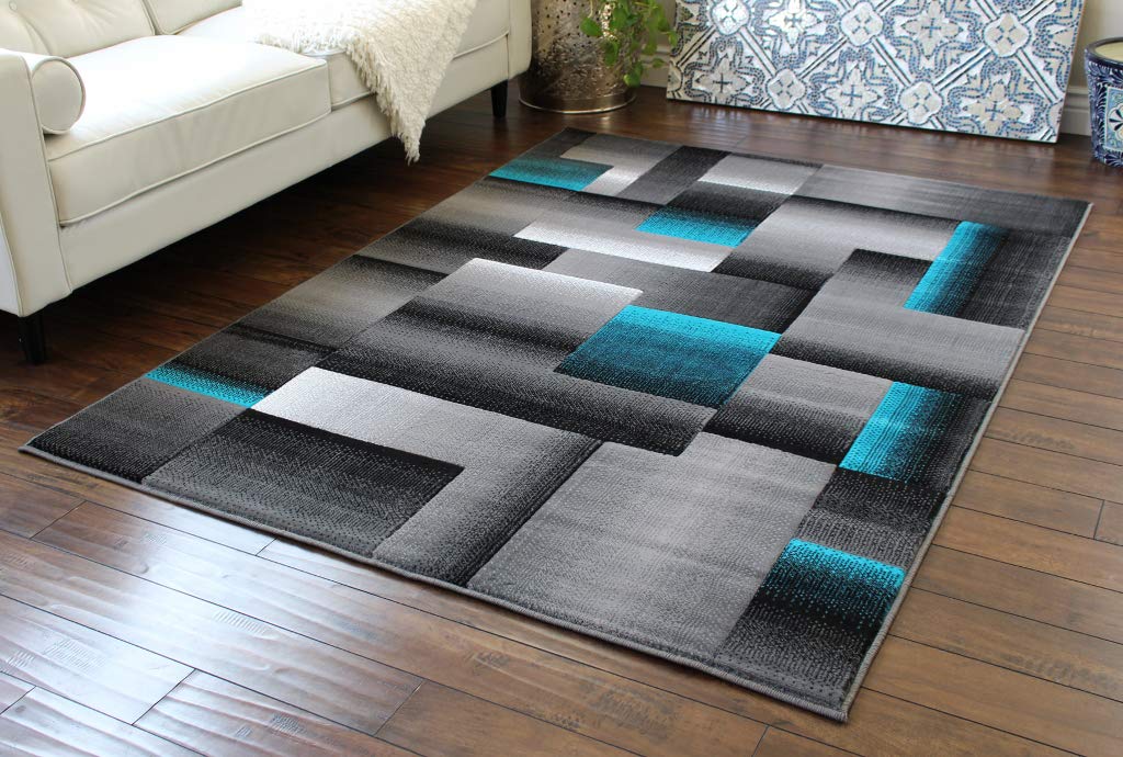 Masada Rugs, Modern Contemporary Area Rug, Turquoise Grey Black (6 Feet X 9 Feet)
