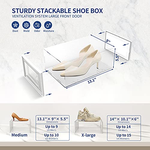 SEE SPRING 12 Pack Medium + 12 Pack X-large Shoe Storage Box, Clear Plastic Stackable Shoe Organizer for Closet, Space Saving Foldable Shoe Containers Bins Holders (Black Clear)