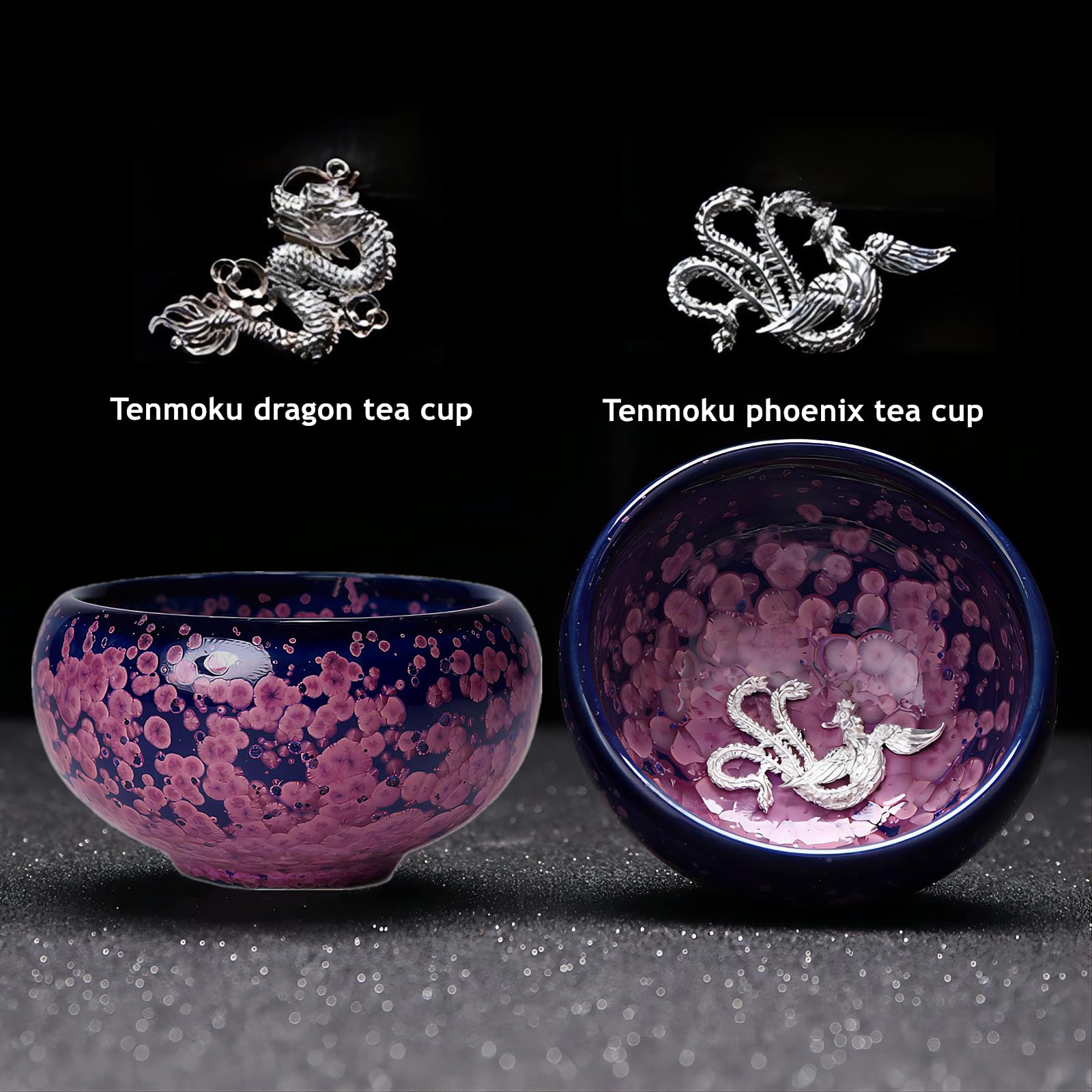 Dragon and Phoenix Tea Cups Set of 2, Handmade Jianzhan Tenmoku Tea Cup, Chinese Small Ceramic Kungfu Tea Cups (Purple)