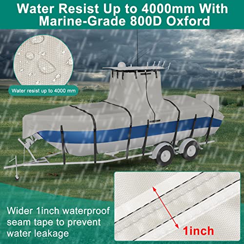 Nukugula 800D 100% Waterproof T-Top Boat Cover Marine Grade Canvas Trailerable T Top Boat Cover with 19 Windproof Straps Fit 22'-24' Long (Beam Width Up to 116") Center Console Boat with T Top Roof