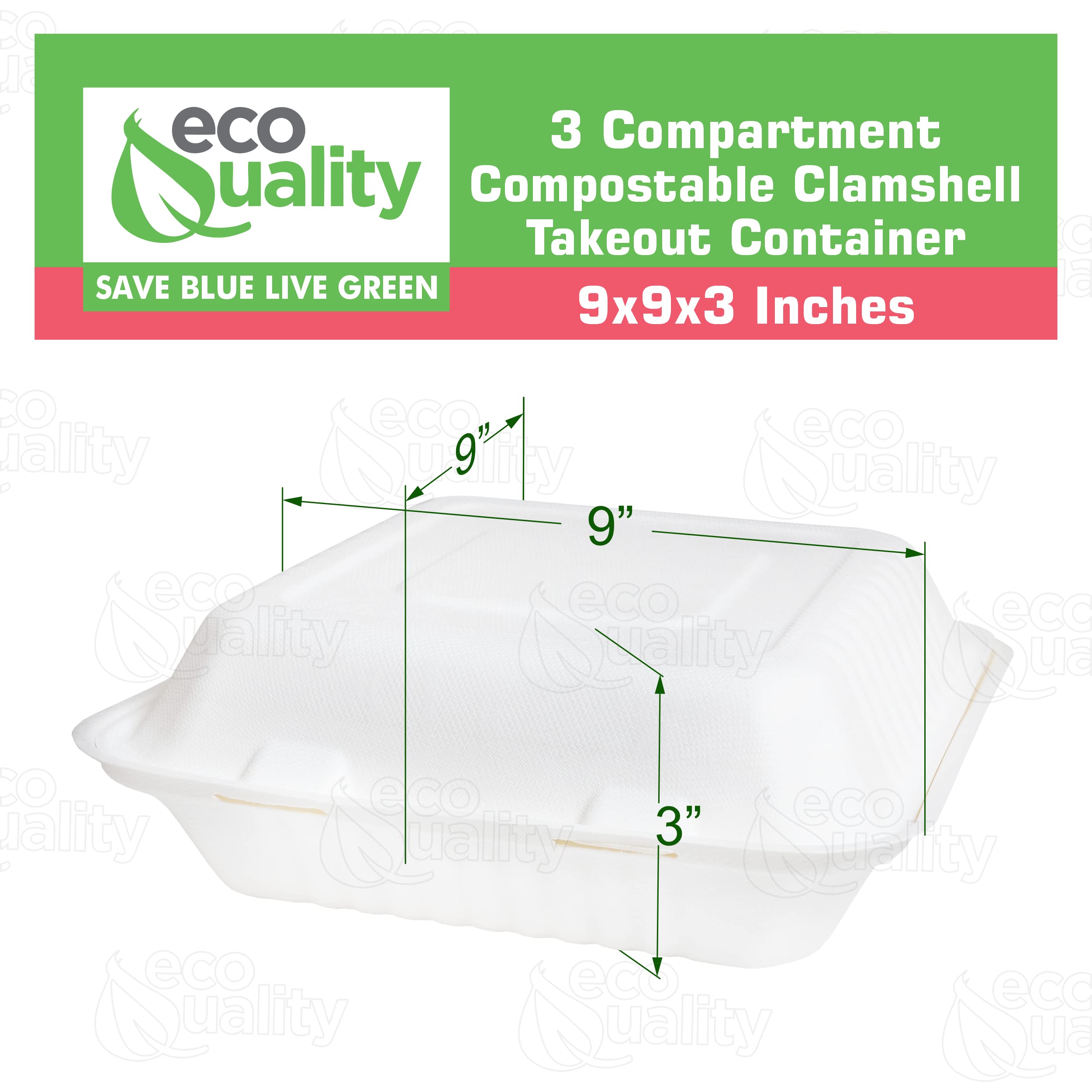 Compostable 3-Compartment Hinged Clamshell Take Out Food Containers 9x9x3,Heavy Duty Quality Square Disposable to go Containers, Eco-Friendly Takeout Box, Restaurants, Food Trucks (25)