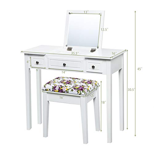 CHARMAID Makeup Vanity Desk with Flip Top Mirror and 3 Drawers, 7 Storage Compartments, White Writing Desk Dressing Table Vanity Set with Cushioned Stool for Kids Girls Women, Easy Assembly
