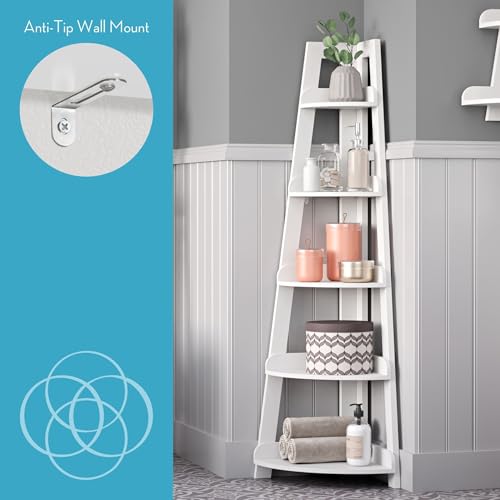 RiverRidge Amery 5-Tier Corner Ladder Shelf - Narrow Corner Shelf Maximizes Storage & Display in Small Spaces - White Open Shelving Design for Bathroom, Living Room, Office
