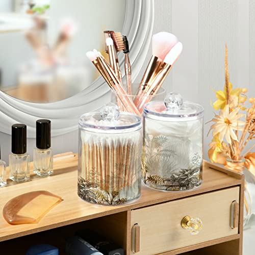 Kigai 2PCS Tropical Leaves Qtip Holder Dispenser with Lids - 14 oz Bathroom Storage Organizer Set, Clear Apothecary Jars Food Storage Containers, for Tea, Coffee, Cotton Ball, Floss