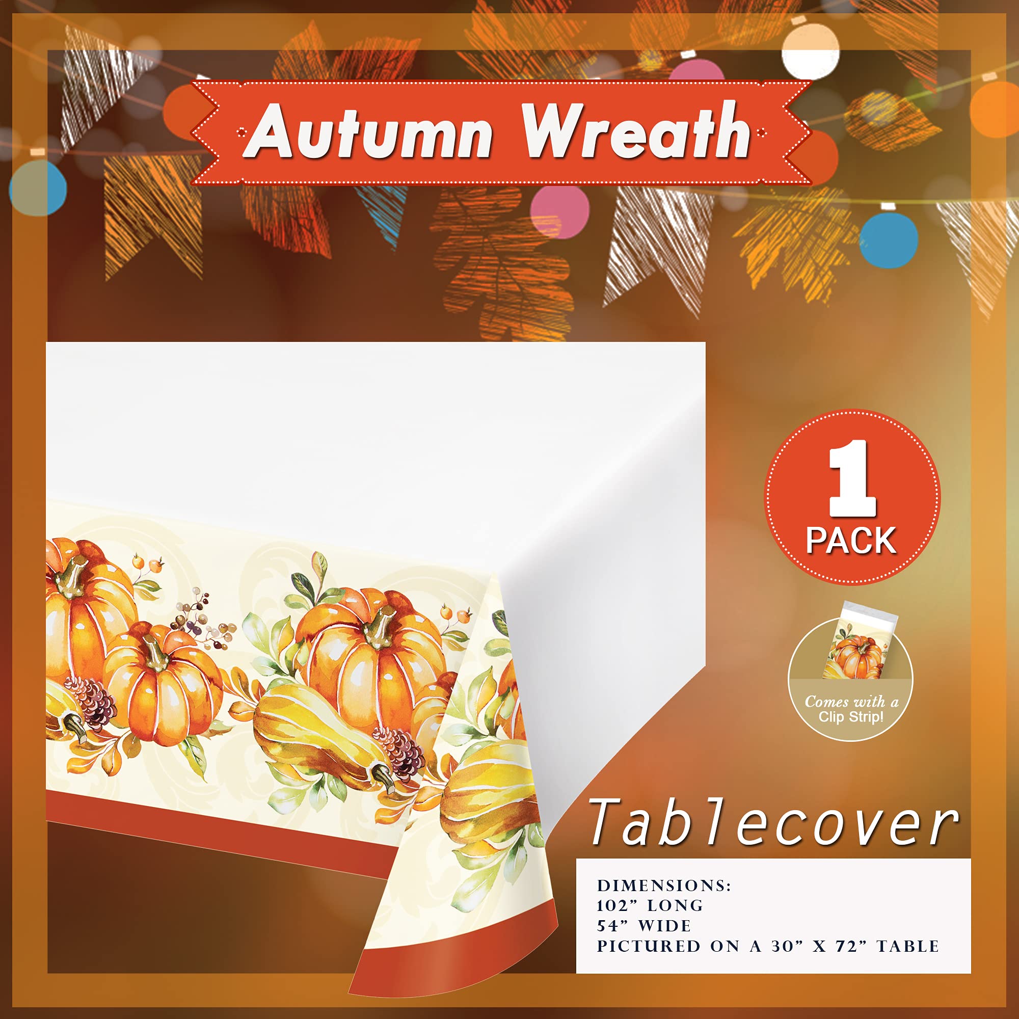 Creative Converting Autumn Wreath Dinnerware Party Bundle | Dinner & Dessert Plates, Luncheon & Beverage Napkins, Table Cover | Thanksgiving Family Dinner, Pumpkins, Cornucopia, Disposable
