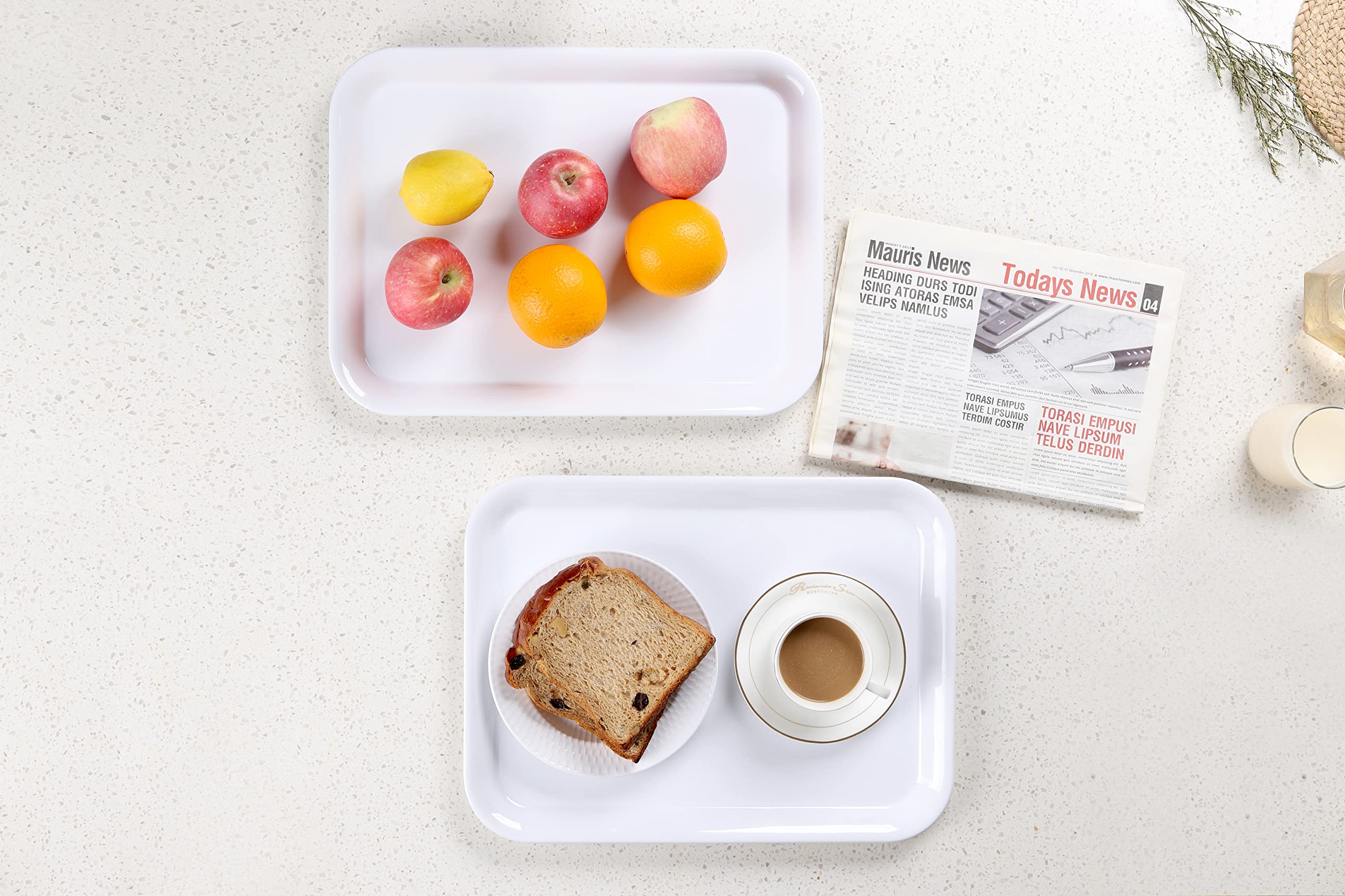 FlosSolis 15.1"x11.3" White Serving Tray Set of 2, Melamine Rectangular Serving Tray/Platters Stackable Sturdy and Easy Clean for Serving Food,Fruit,Desserts,Breakfast,Meals,BPA Free