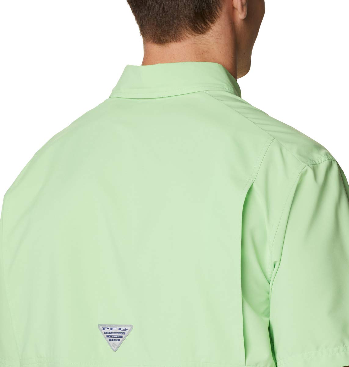 Columbia Men's PFG Grander Marlin Woven Short Sleeve Shirt, Moisture Wicking, Sun Protection, Lime Glow, Medium