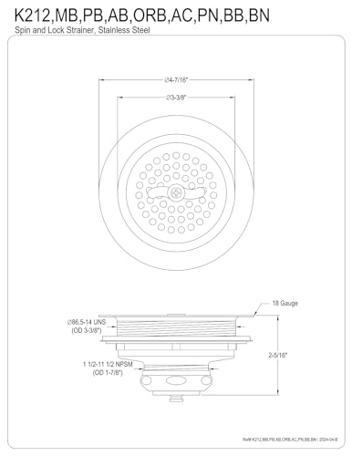 Kingston Brass K212PB Tacoma Kitchen Sink Basket Strainer, Polished Brass