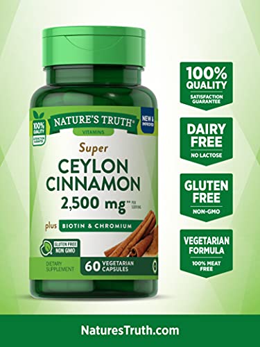 Ceylon Cinnamon Capsules | 2500mg | 60 Count | Vegetarian, Non-GMO & Gluten Free Supplement | Plus Chromium and Biotin | by Nature's Truth