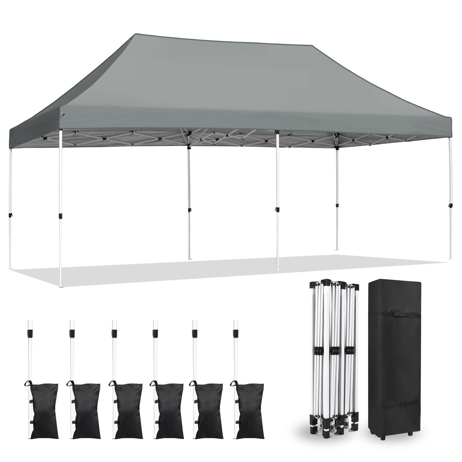 CAJECUS 10' x 20' Pop Up Canopy, Durable Easy Beach Canopy Tent, Waterproof Outdoor Canopy with 3 Adjustable Height, Roller Bag, 6 Sand Bags, 4 Ropes and 8 Stakes