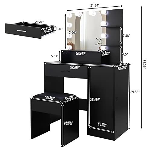 Large Vanity Set with 10 LED Bulbs Makeup Table with Cushioned Stool Makeup Desk with Open Storage Shelves Vanity Table with Cabinet Drawer Chest Dressing Table for Women Girls