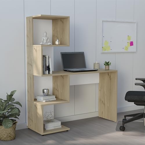 Computer Desk with Four-Tier Storage Shelves, Light Oak/White