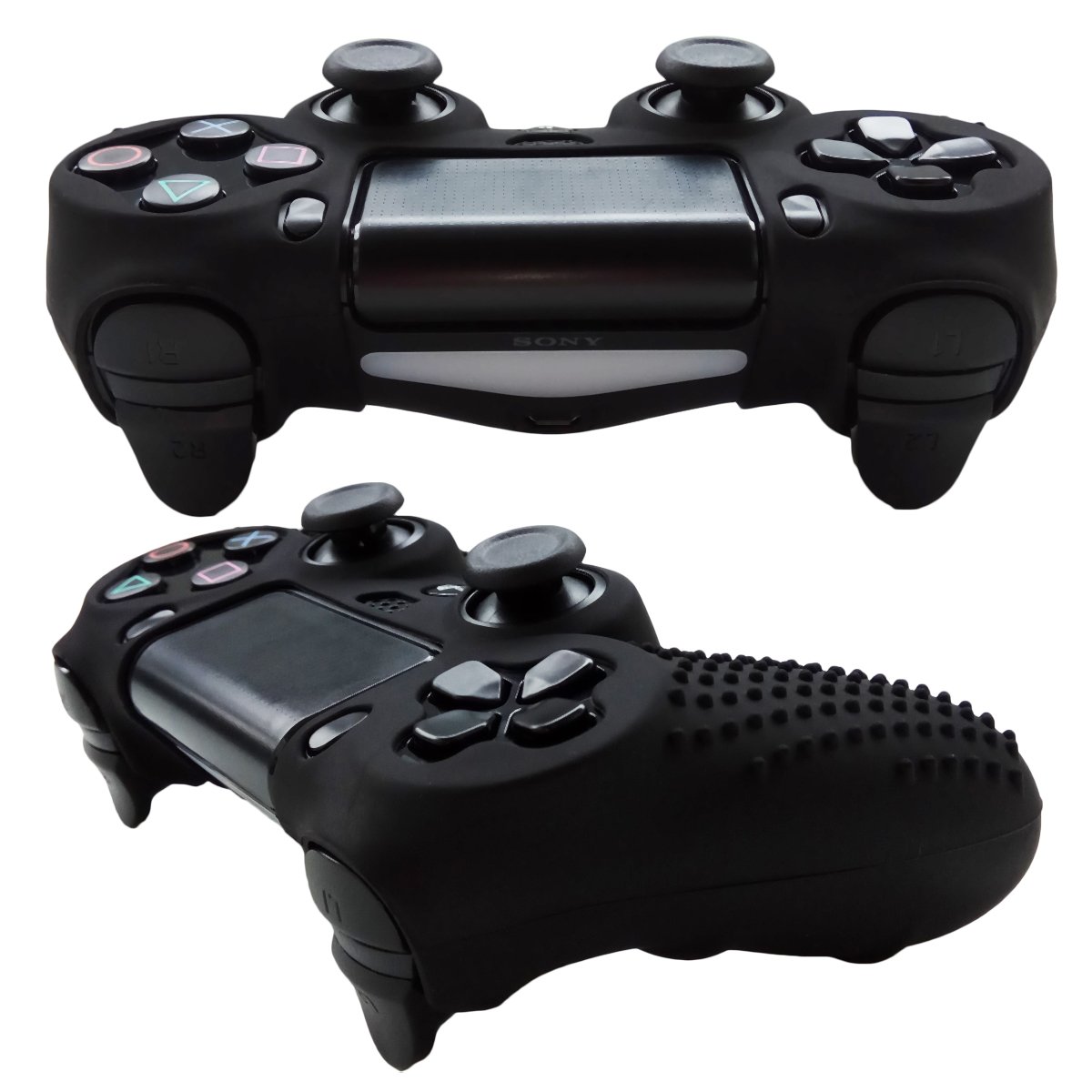 PS4 Controller Grips,Pandaren Studded Anti-Slip Silicone Cover Skin Set Compatible for PS4 /Slim/PRO Controller(Black Skin x 2 + FPS PRO Thumb Grips x 8)