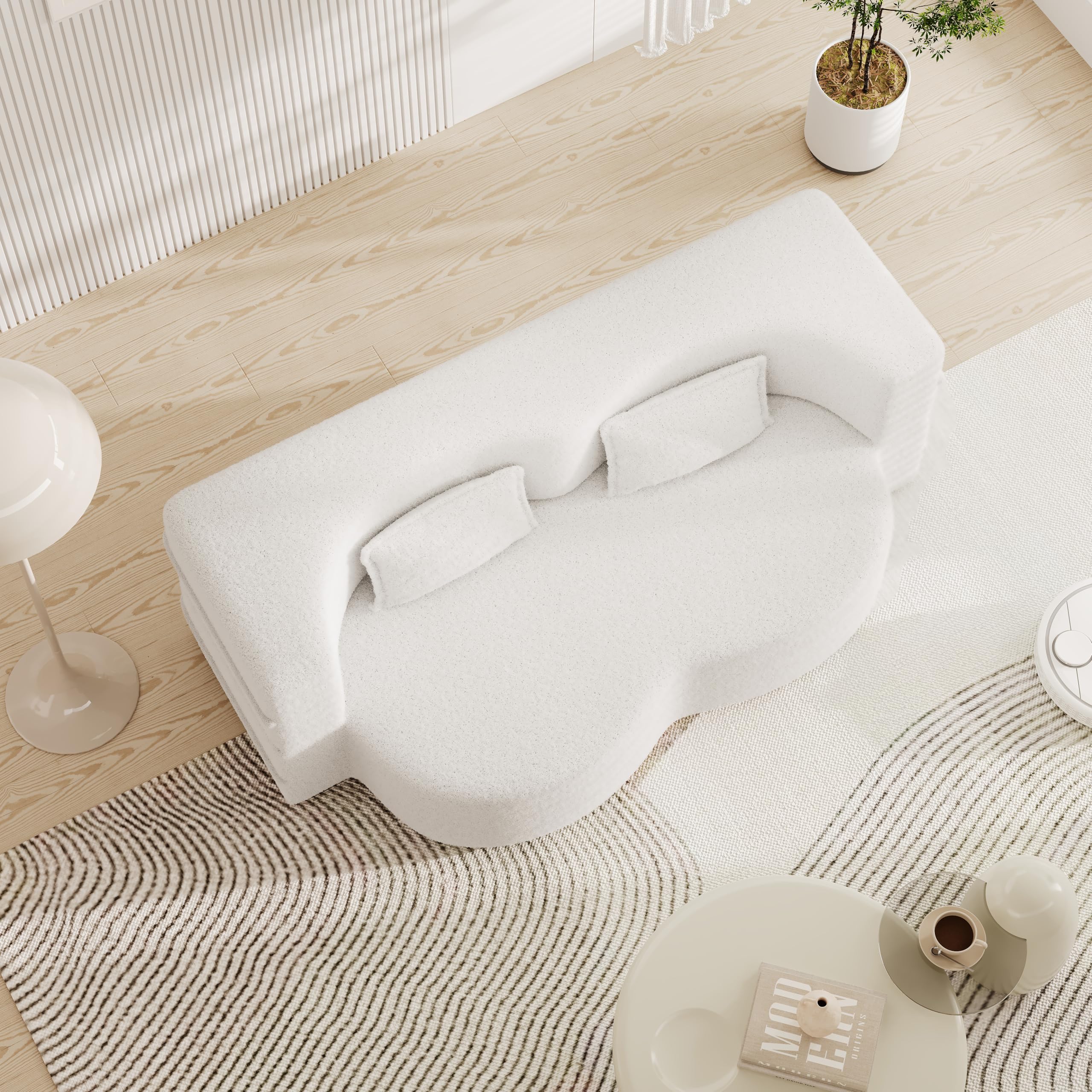 FocusOnHome Modern Floor Sofa with 2 Pillows,Convertible Teddy Fabric Foam-Filled Sleeper Sofa Bed,15" Full Size Folding Mattress for Living Room, Guest Bed, Playroom,No Assembly Required,Beige
