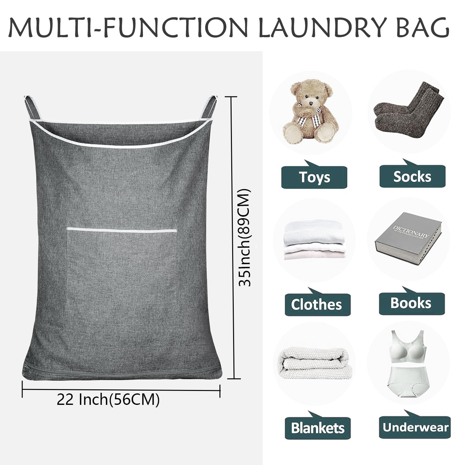 KINGSUSLAY Laundry Hamper, XL Hanging Hamper with Large Openging,Space Saving Storage Bag,Over the Door Hamper with Haning Hooks(36"x 22", Heath Grey)