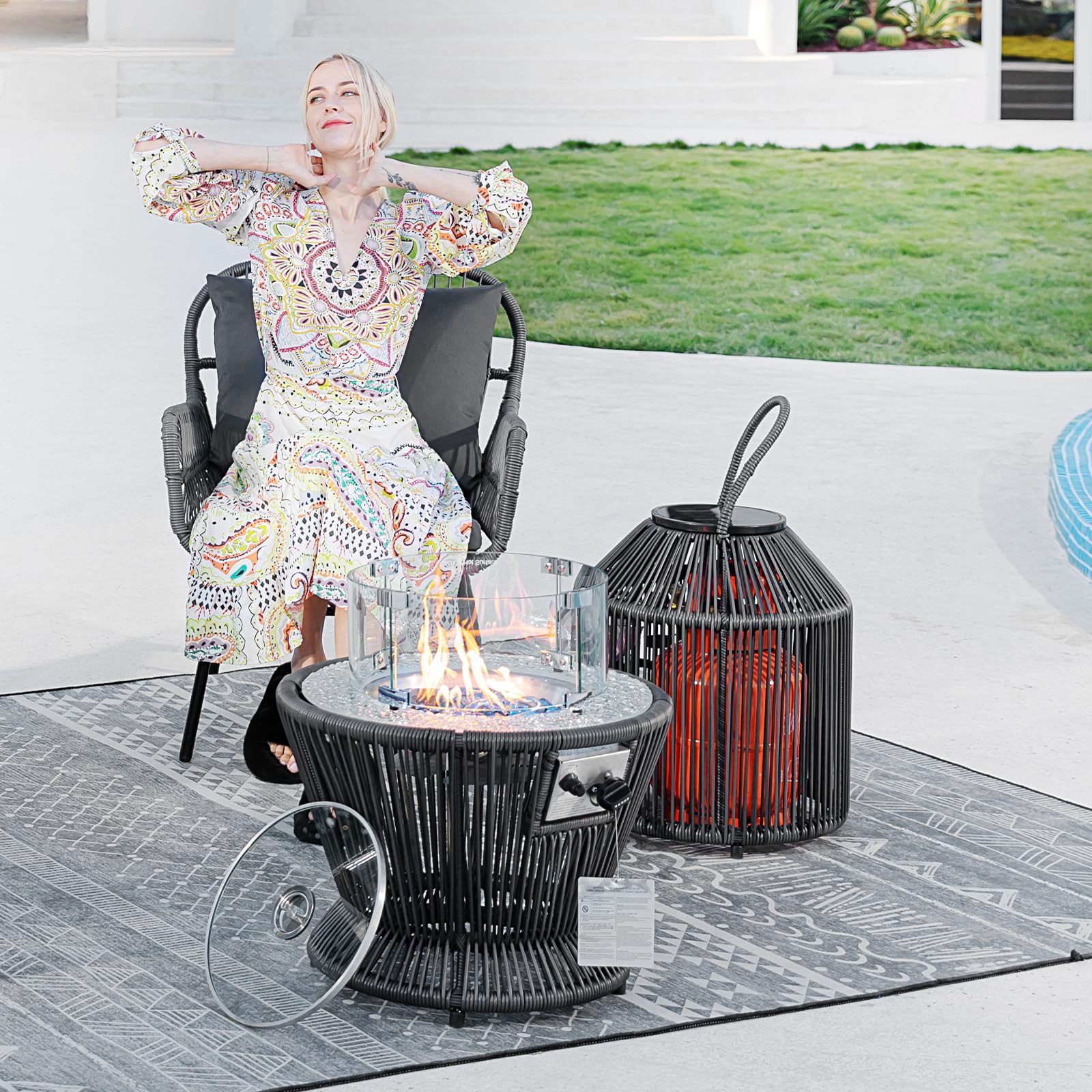 BULEXYARD Grey PE Wicker Patio Propane Fire Pit Table with Solar LED Lamp Cover of Propane Tank, Outside Round Firepit for Garden Deck Backyard