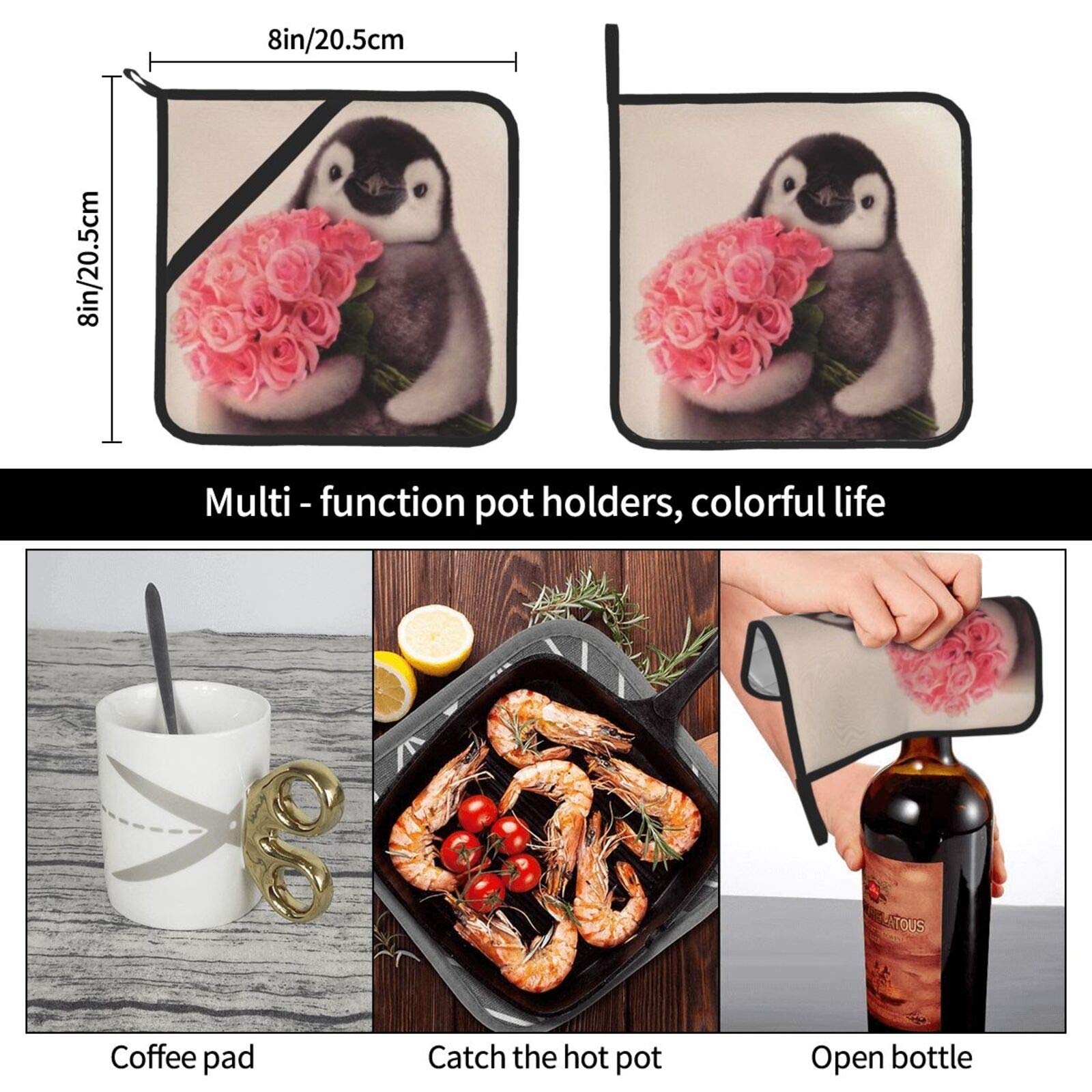 Flower Penguins Pot Holders with Pocket for Kitchen Heat Resistant Oven Hot Pads Potholders for Cooking Baking Grilling Microwave