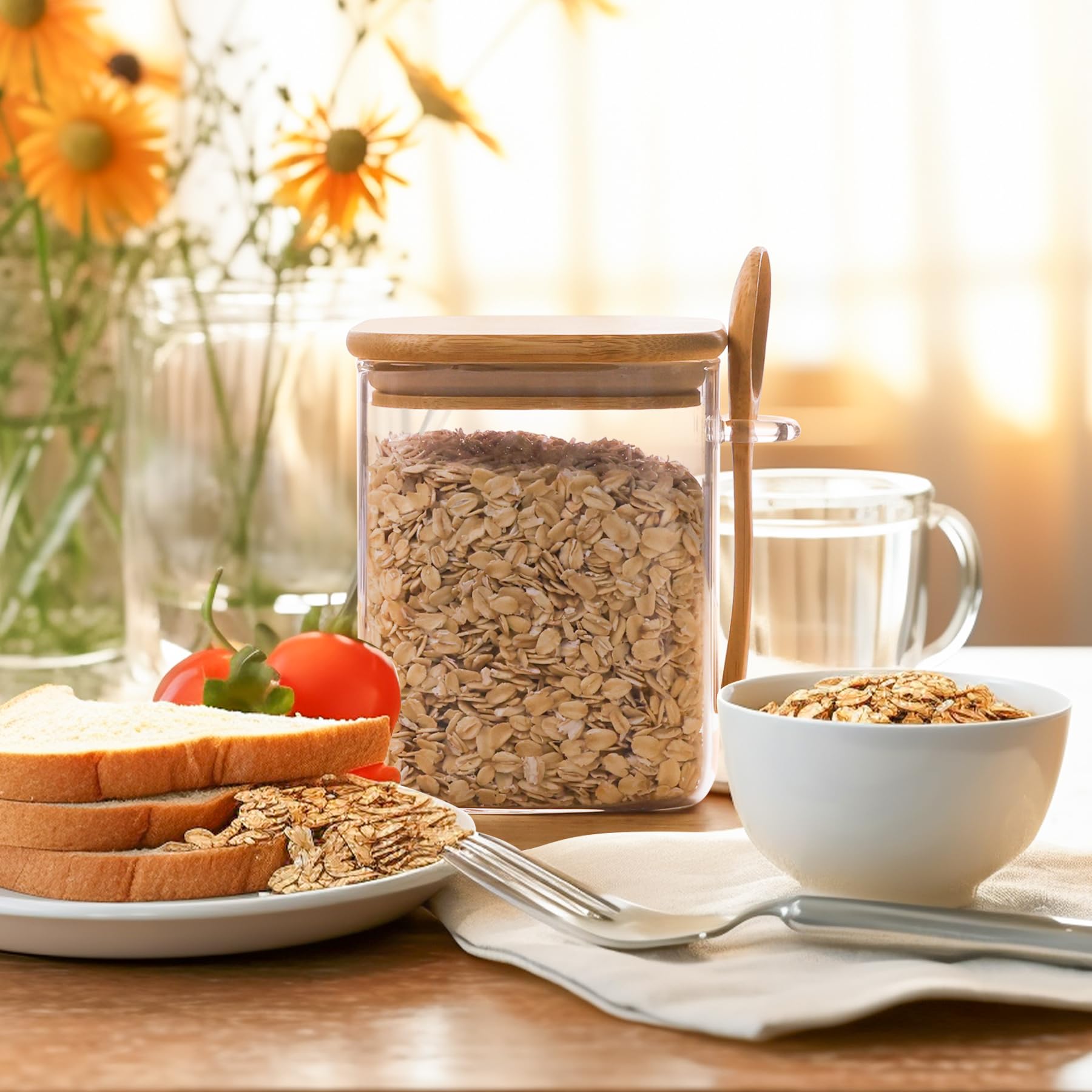ComSaf 31oz Glass Jars with Bamboo Lids & Spoons Set of 4, Square Glass Containers with Lids, Sugar Coffee Containers Salt Spice Jars, Pantry Storage Container for Loose Tea, Candy, Brown Sugar, Nuts