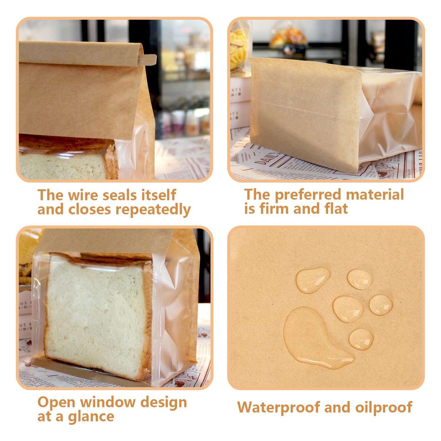Heavy Duty Large Kraft Paper Bread Bags with Tin Tie Tab Lock 50pcs, Loaf Bag with Clear Front Window, Storage Packaging Treat Bag for Bakery Cafe Homemade Bread 10.6” × 4.3” × 8.7”