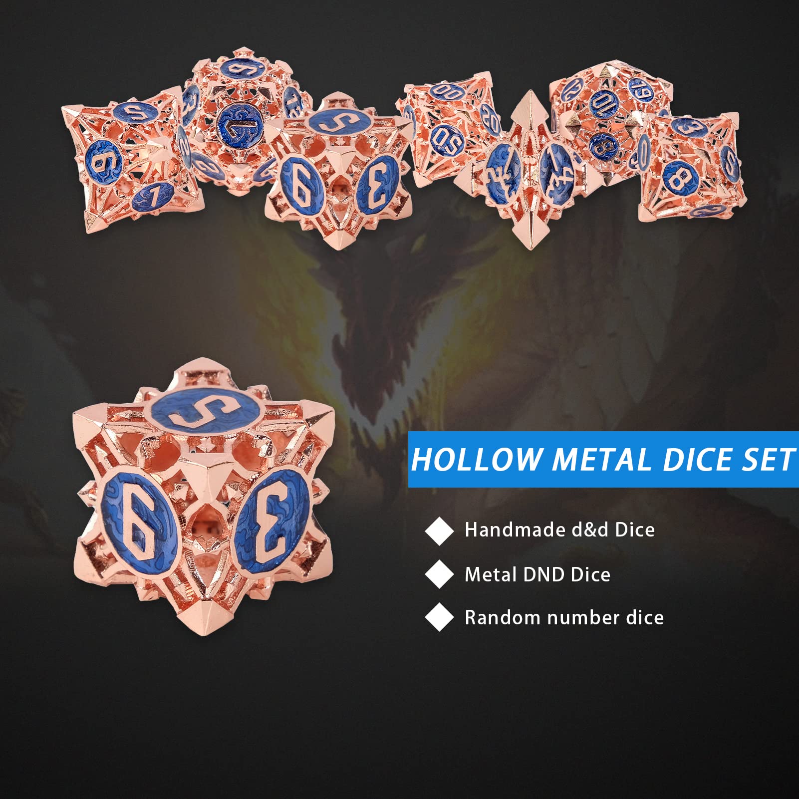 Cttasty DND Dice Set Hollow Metal Dice Set Handmade 7pcs Polyhedral Dice Set DND RPG MTG Role Playing Game Dice Set D&D Dice with Gift Case for DND Dungeons and Dragon (Bronze)