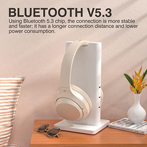 iKF T1-Wireless Wired Headphones Call Noise Cancelling Bluetooth Headset Bass Stereo Sound 50 Hours Using Time Built-in Microphone Pairing 2 Devices Compatible iOS/Android (Off-White)