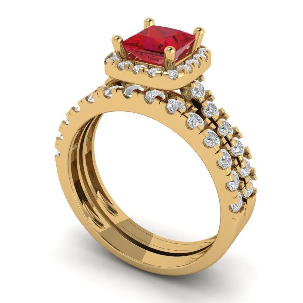 Clara Pucci 1.7 ct Princess Cut Halo Solitaire Simulated Ruby Designer Art Deco Statement Wedding Ring Band Set 18K Yellow Gold 3.5
