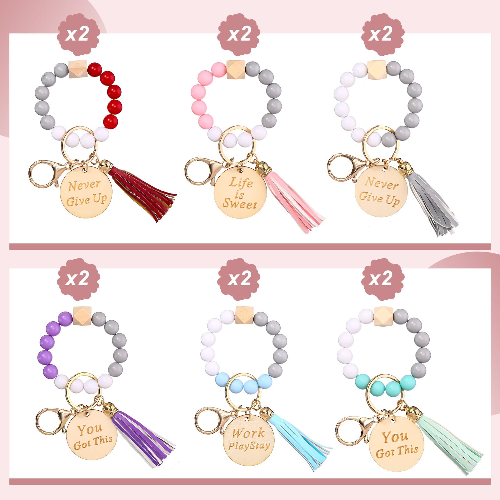 Faccito 12 Pcs Inspirational Keychain Bracelet with Tassel Beaded Motivational Quote Wristlet Key Ring for Graduation Gift(Aesthetic Color)