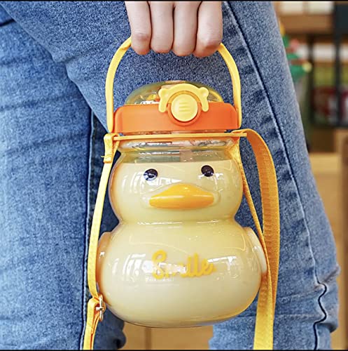 Duck-Shape school Water Bottle with Straw, Funny theme kids Drinking Bottle with One Click Open Lid, BPA Free Cute Water Bottles for Girls boys, School, picnics Outdoors (Pink)
