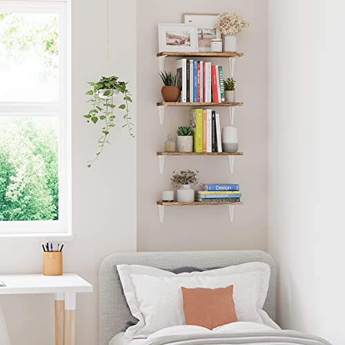 Wallniture Arras Floating Shelves for Wall Storage, 17"x6" Living Room Wall Decor, Bookshelf for Bedroom, Kitchen Organization and Storage Shelves, Burnt Finish White Brackets Set of 4