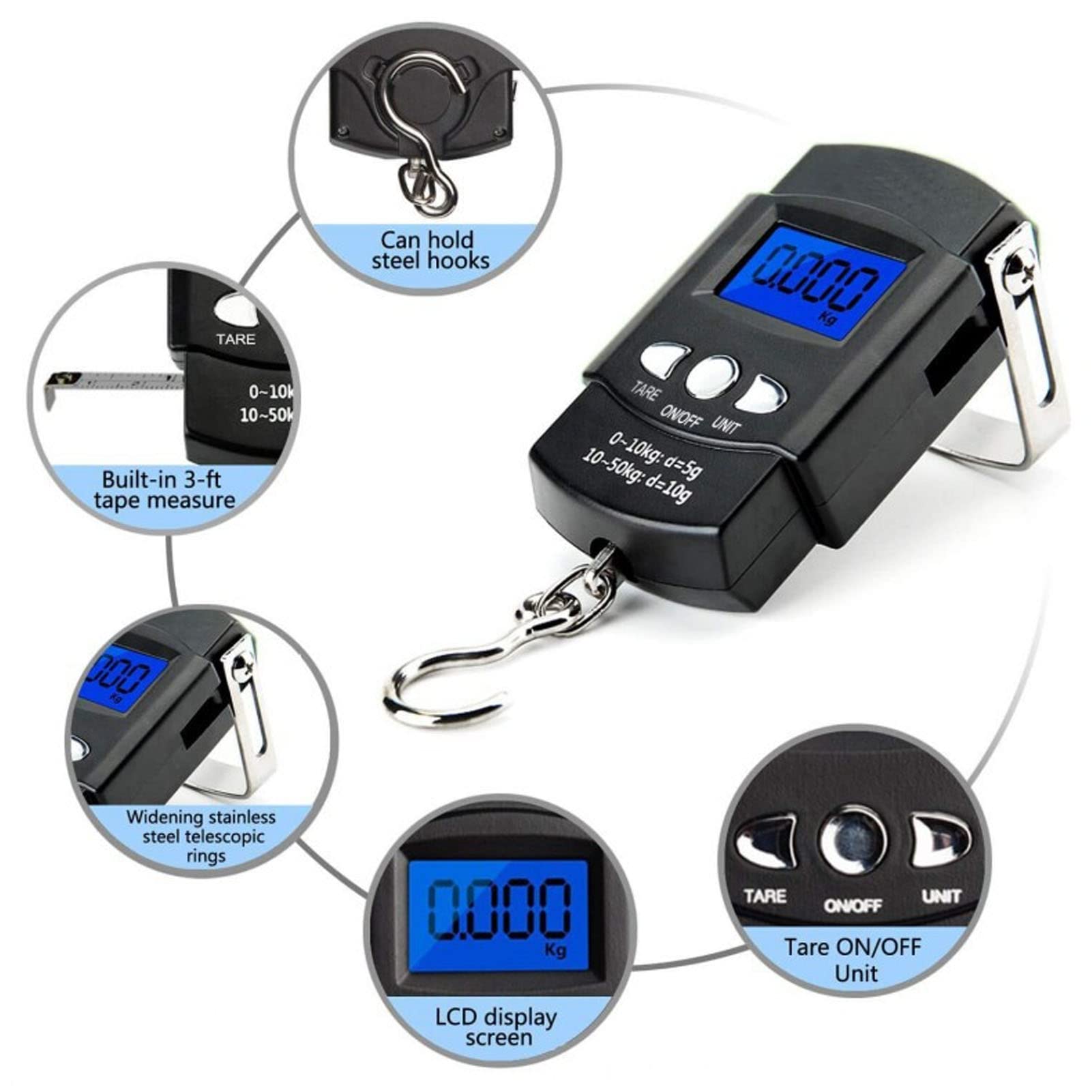 Electronic Hook Scale LCD Fishing Scale Electronic Hanging Hook Scale Digital Hanging Fishing 50kg with 1meter Concealed Tape Measure