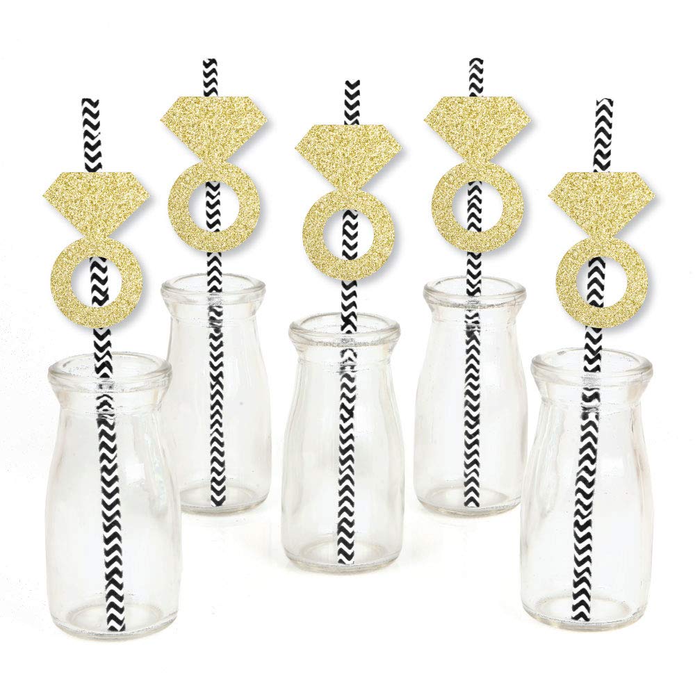 Gold Glitter Diamond Ring Party Straws - No-Mess Real Gold Glitter Cut-Outs and Decorative Bridal Shower or Bachelorette Party Paper Straws - Set of 24